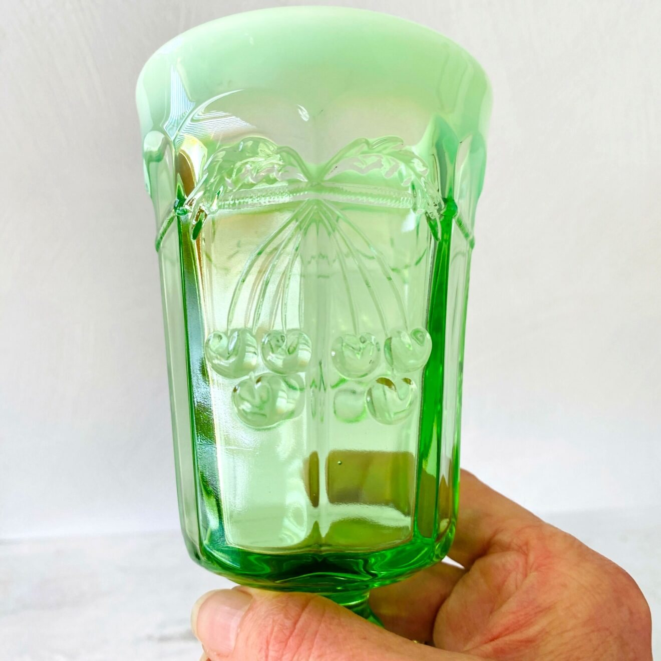 Mosser Green Opalescent Cherry And Cable Stemmed Drinking Glasses ...