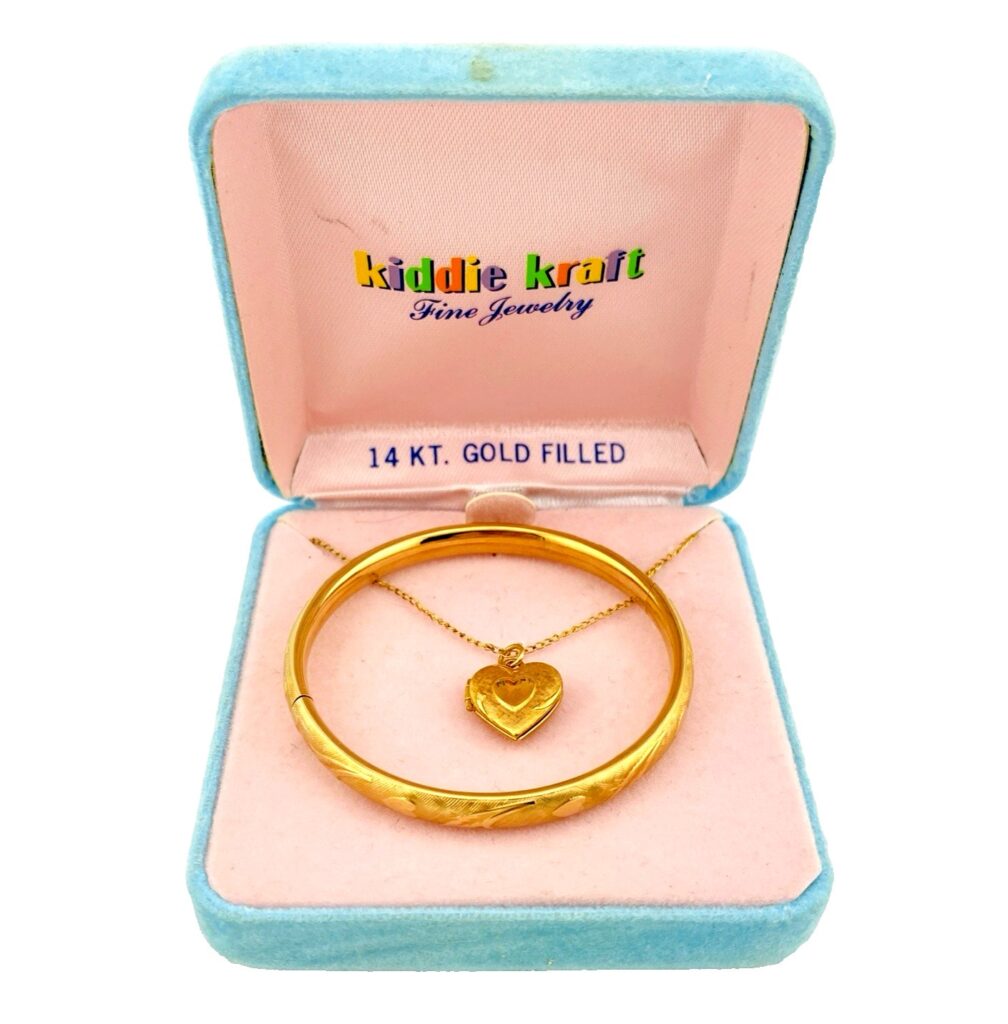 Vintage Kiddie Kraft 14k Gold Filled Heart Locket & Bangle Set In Box ...